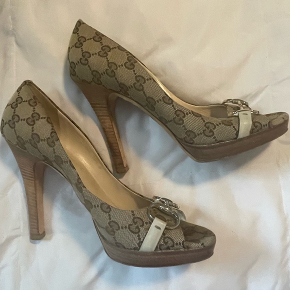 Gucci | Shoes | Gucci Brown Canvas Horsebit Heels | Poshmark